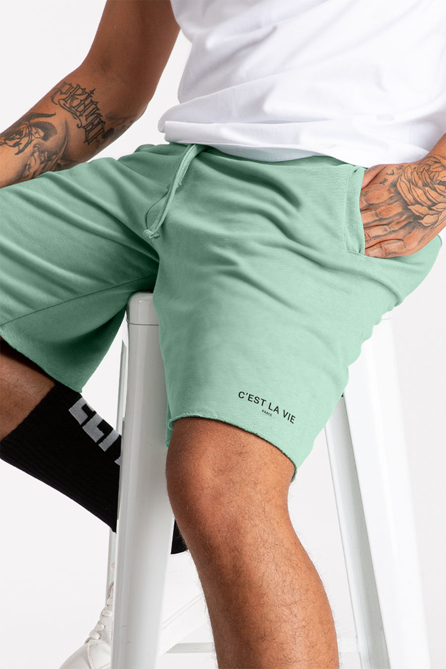 Shorts in Light Green color with CEst La Vie stamp | Hedrix